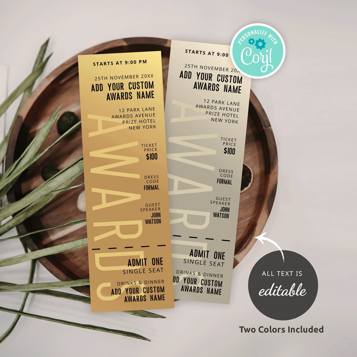 Gold Event Ticket Template, Elegant Awards Ceremony Entry Pass 8.5x2.75 ...