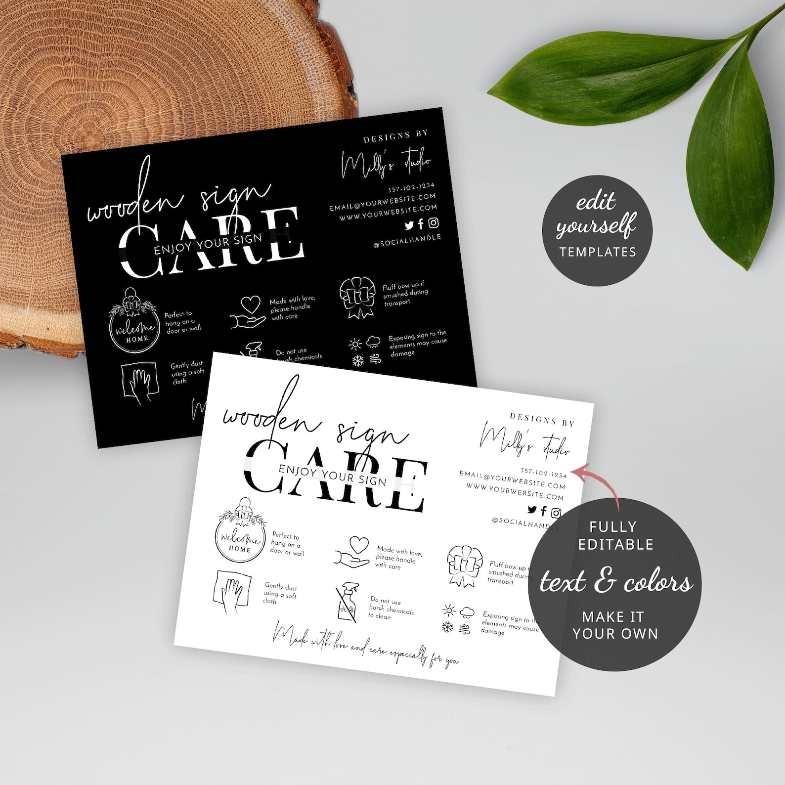 Wooden Sign Care Card Template, Editable Door Hanger Care Guide ...