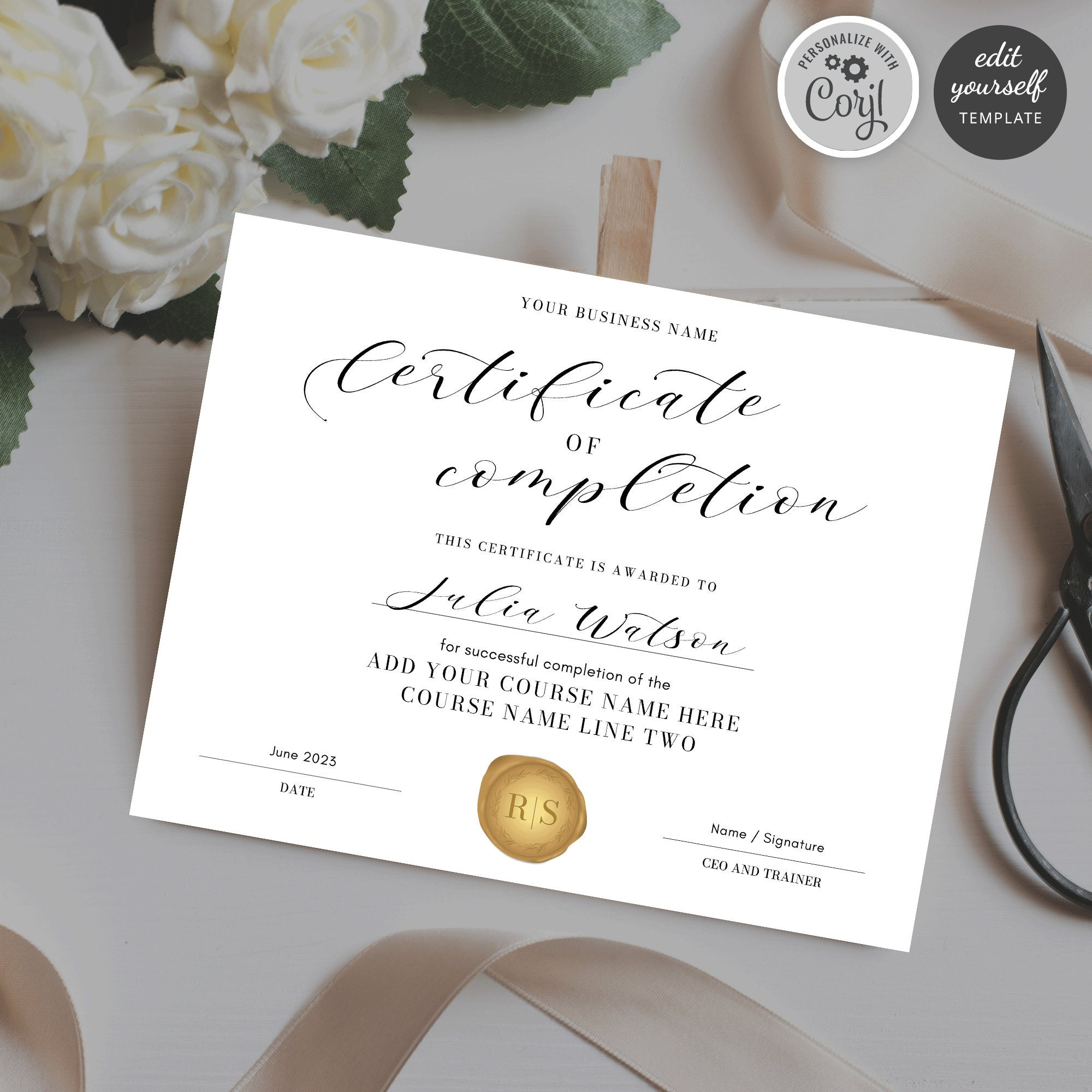 Elegant Completion Certificate Template With Calligraphy Font - Etsy