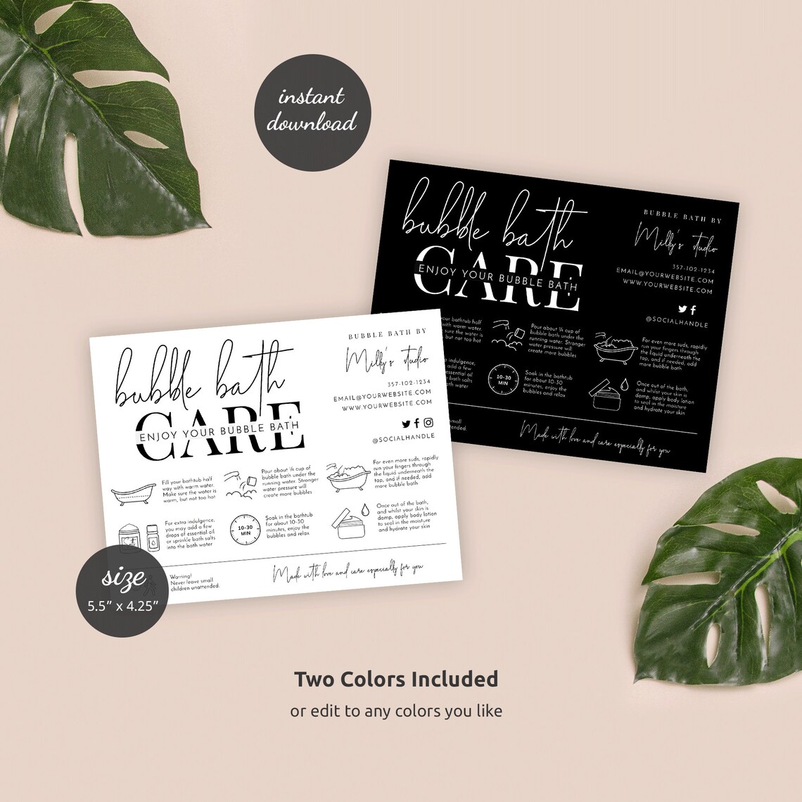 Bubble Bath Care Card Template Editable Bath Soak Care Guide - Etsy