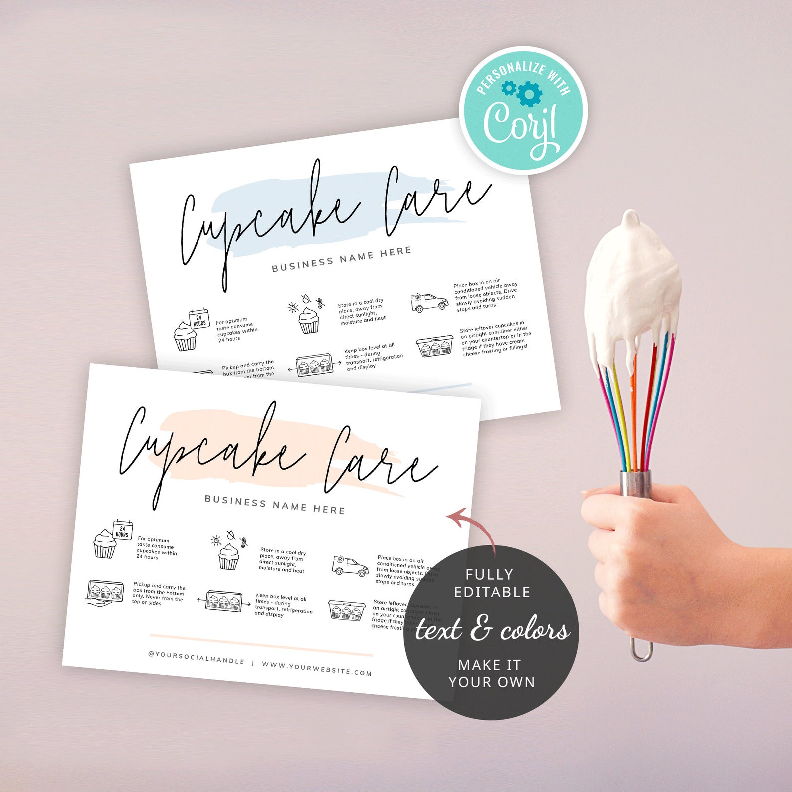 Editable Cupcake Care Card, Printable Cupcakes Care Guide Template ...
