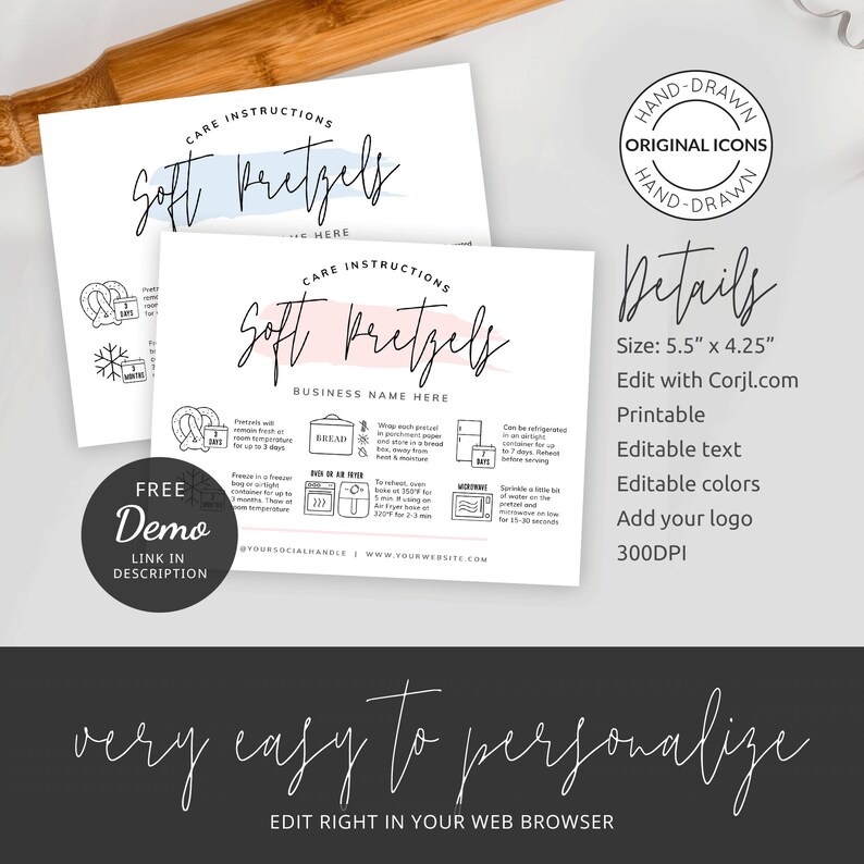 Soft Pretzels Care Card Template, Custom Sourdough Pretzel Reheating ...