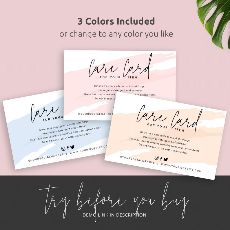 Editable Care Card Template, Care Instructions Card Design, DIY ...