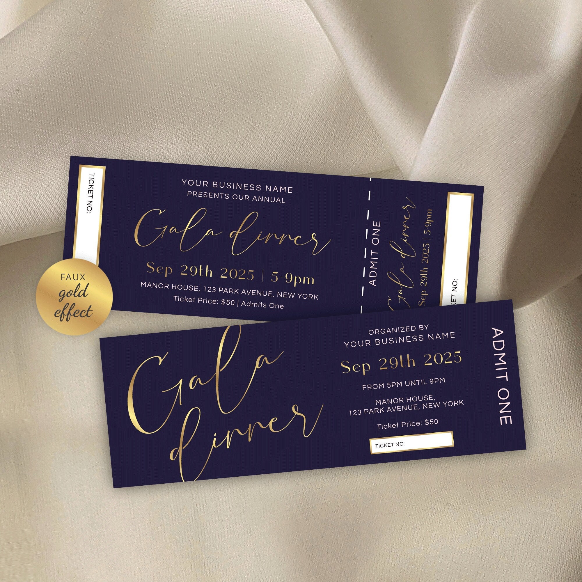 Navy & Gold Event Ticket Template, Editable Gala Night Entry Pass, Faux ...
