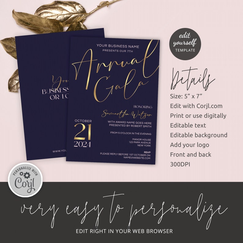 Navy & Gold Gala Invite Template, Editable and Printable Corporate ...