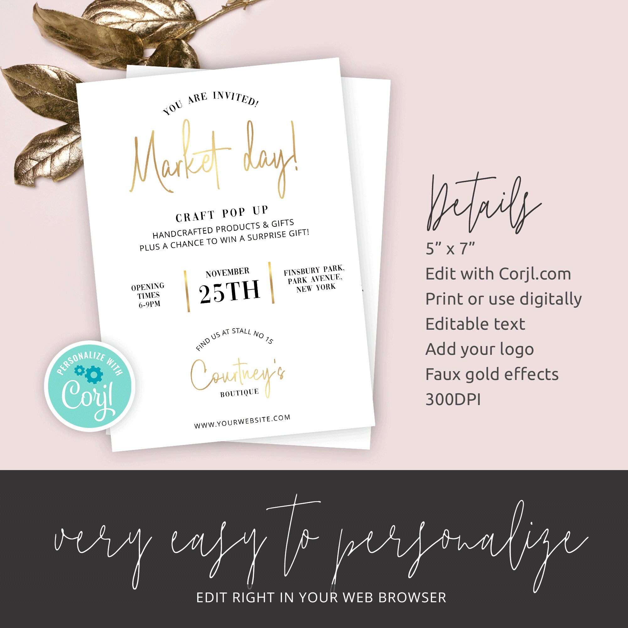 DIY Market Day Flyer Template Faux Gold Market Stall Invite - Etsy