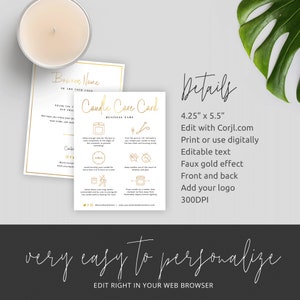 Candle Care Card Template, Faux Gold Candle Care Guide, Customizable ...