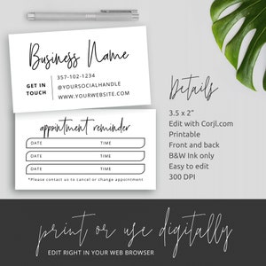 Printable Appointment Card, Minimal Booking Reminder Template, Editable ...
