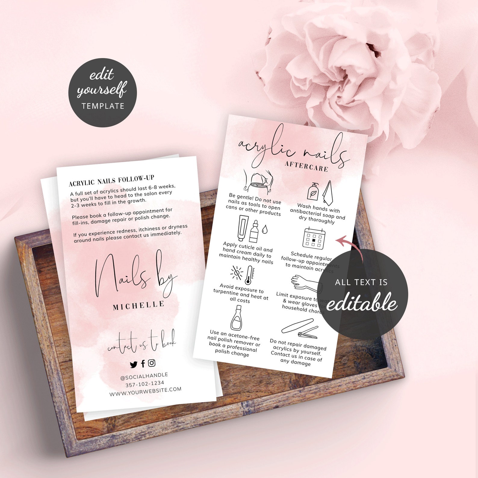 Acrylics Aftercare Card Template, Editable Nail Extensions Care Guide ...