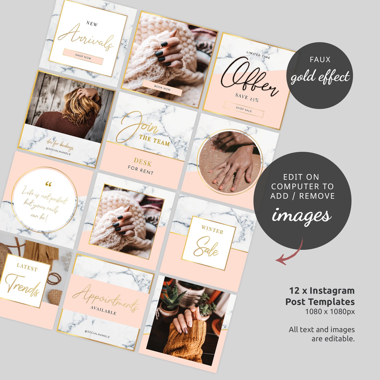 Marble & Gold Instagram Stories and Posts, Editable Instagram Templates ...