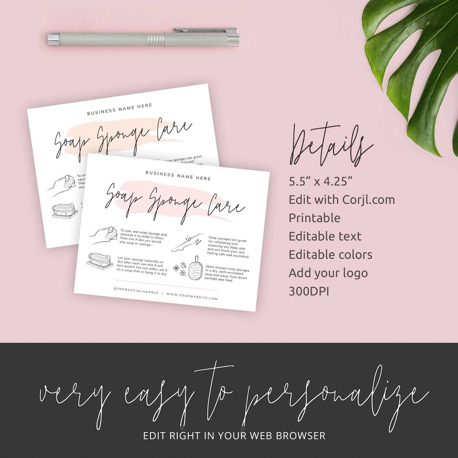 Soap Sponge Care Card Template, Customizable Scented Sponge Care Guide ...