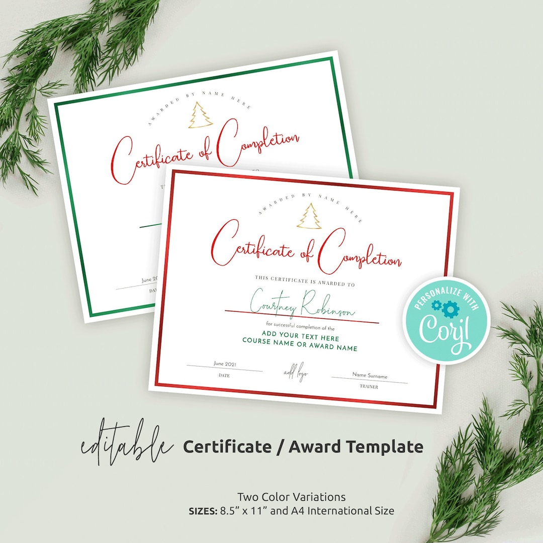 Christmas Award Template, Editable Certificate of Completion Design ...