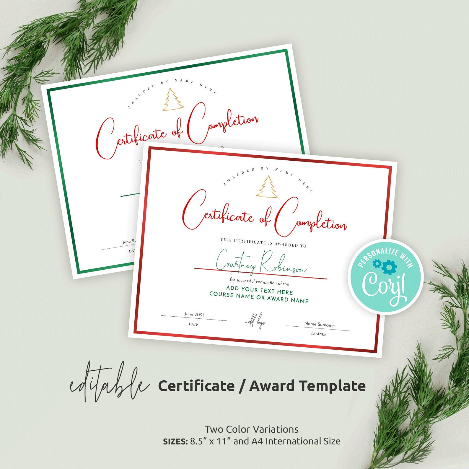 Christmas Award Template Editable Certificate of Completion | Etsy