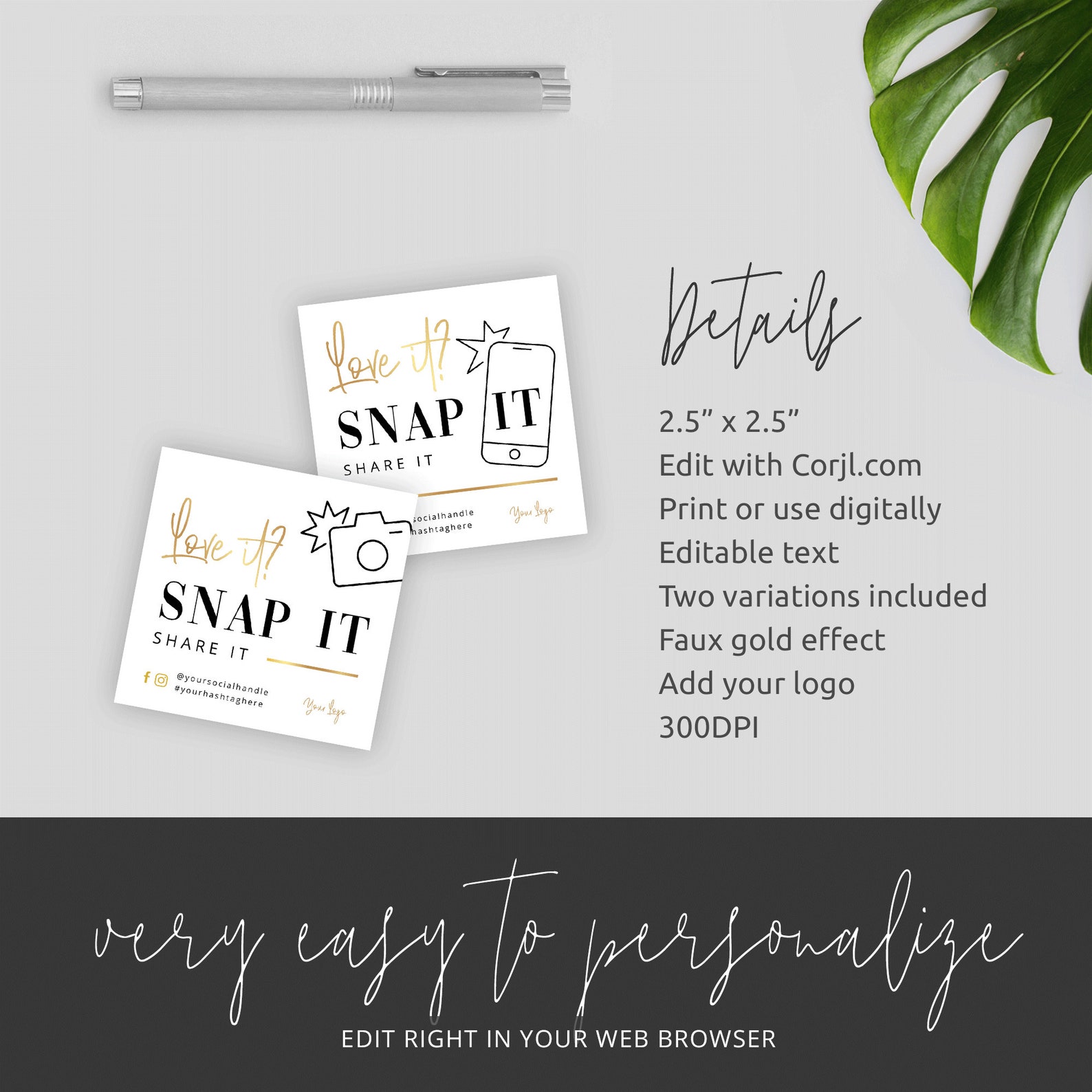 Snap It and Share It Card Template, Faux Gold Snap It Sticker ...