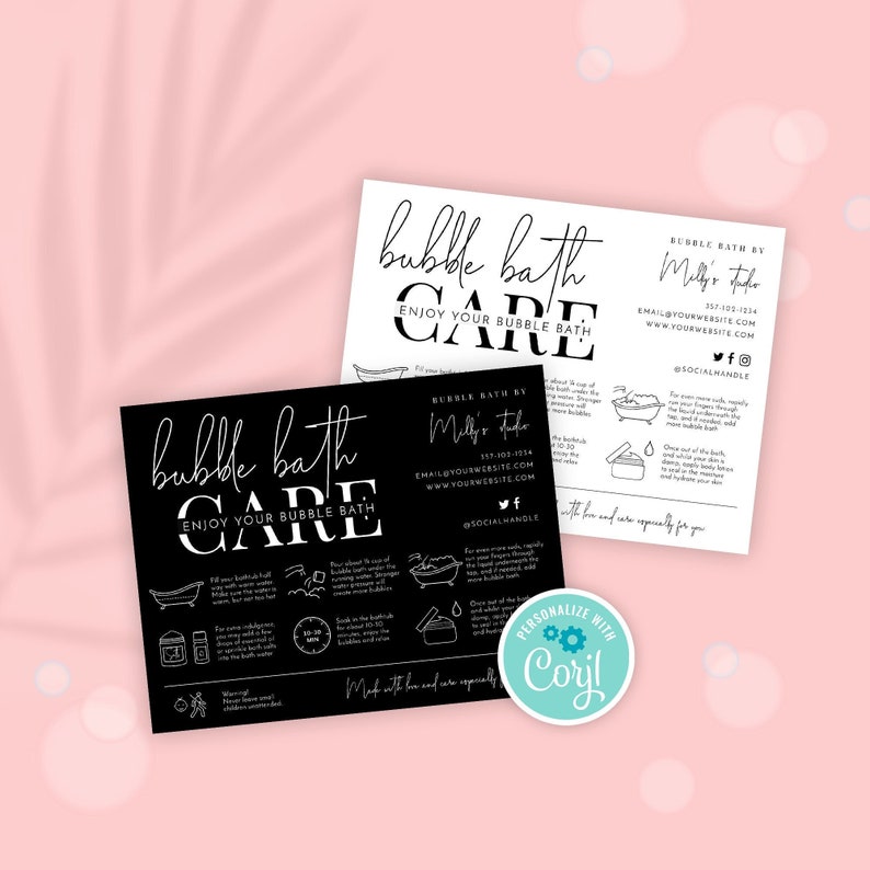 Bubble Bath Care Card Template, Editable Bath Soak Care Guide ...