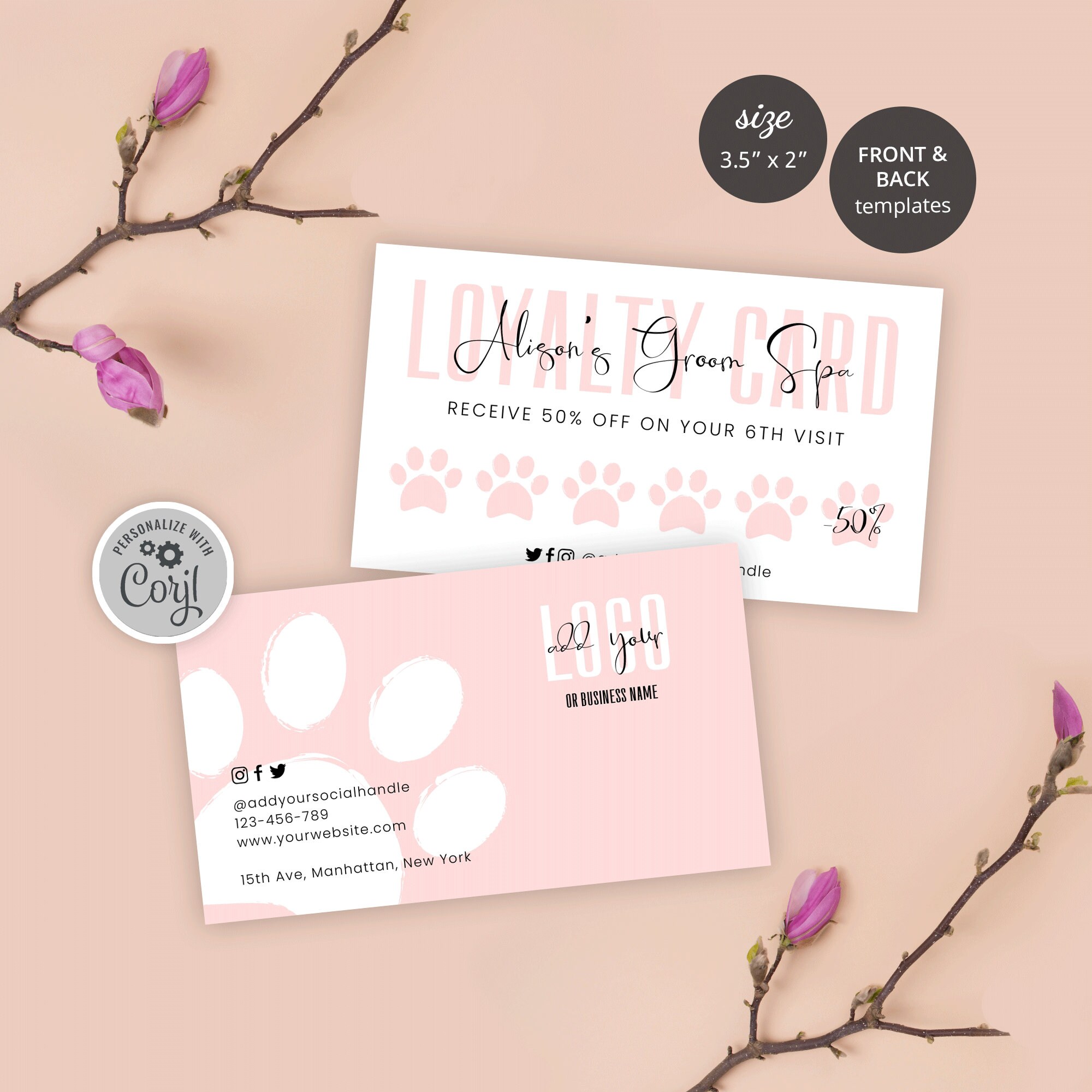 Pet Salon Loyalty Card Template, Dog Groomer Rewards Cards Blush Pink ...