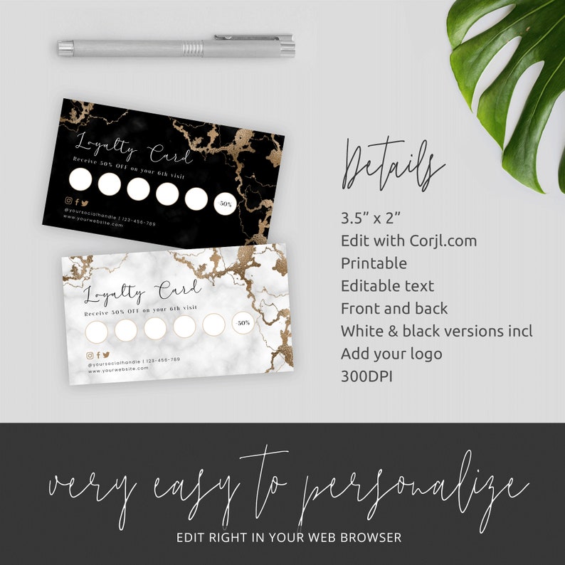 DIY Loyalty Card Template, Beauty Salon Rewards Card Black Marble and ...