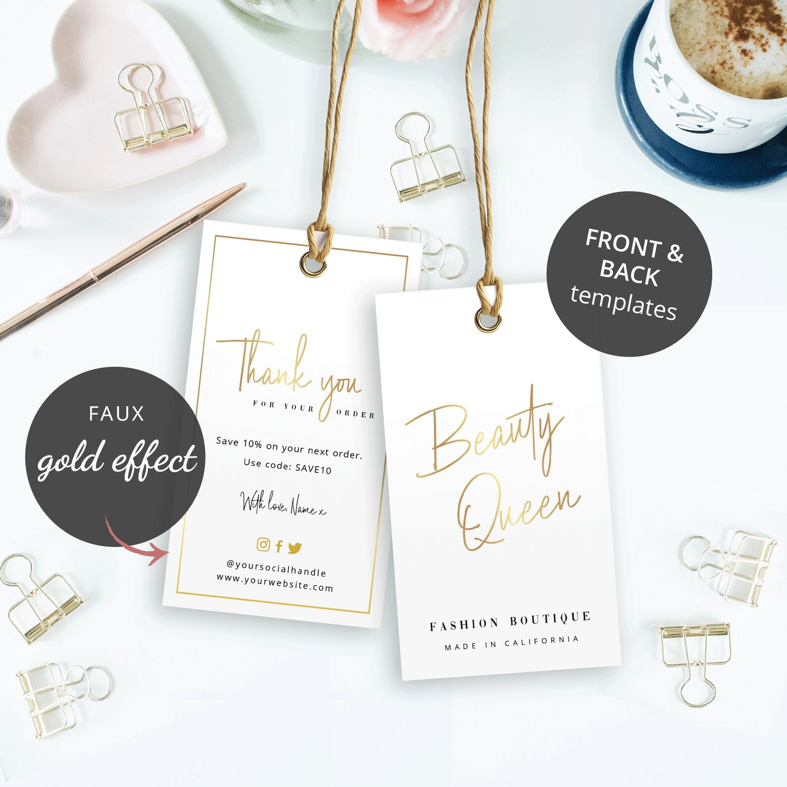 Faux Gold Hang Tag Template, Metallic Effect Thank You Swing Tag ...