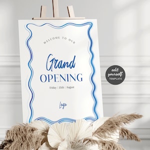 Grand Opening Sign Template, Blue & White Hand Drawn Bush Frame, Launch ...