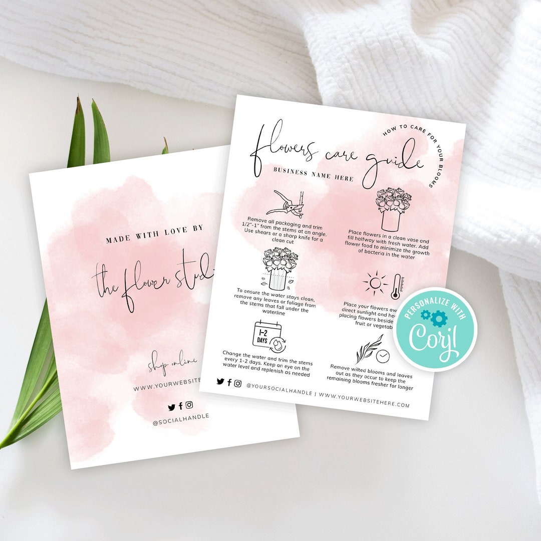 Fresh Flowers Care Card Template, Feminine Bouquet Care Instructions ...