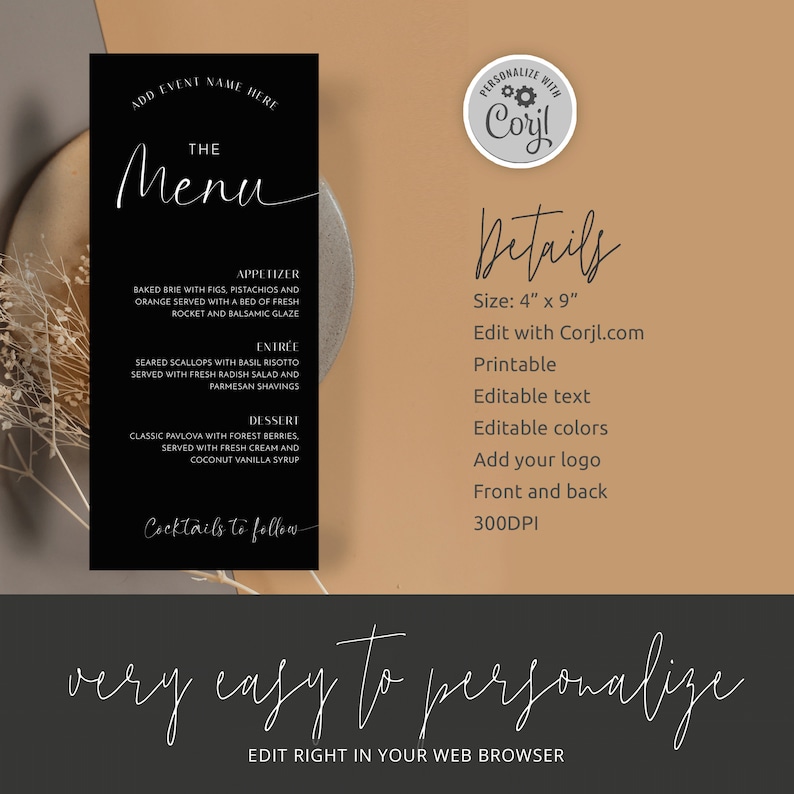 Elegant Dinner Menu Template Editable Charity Fundraiser - Etsy