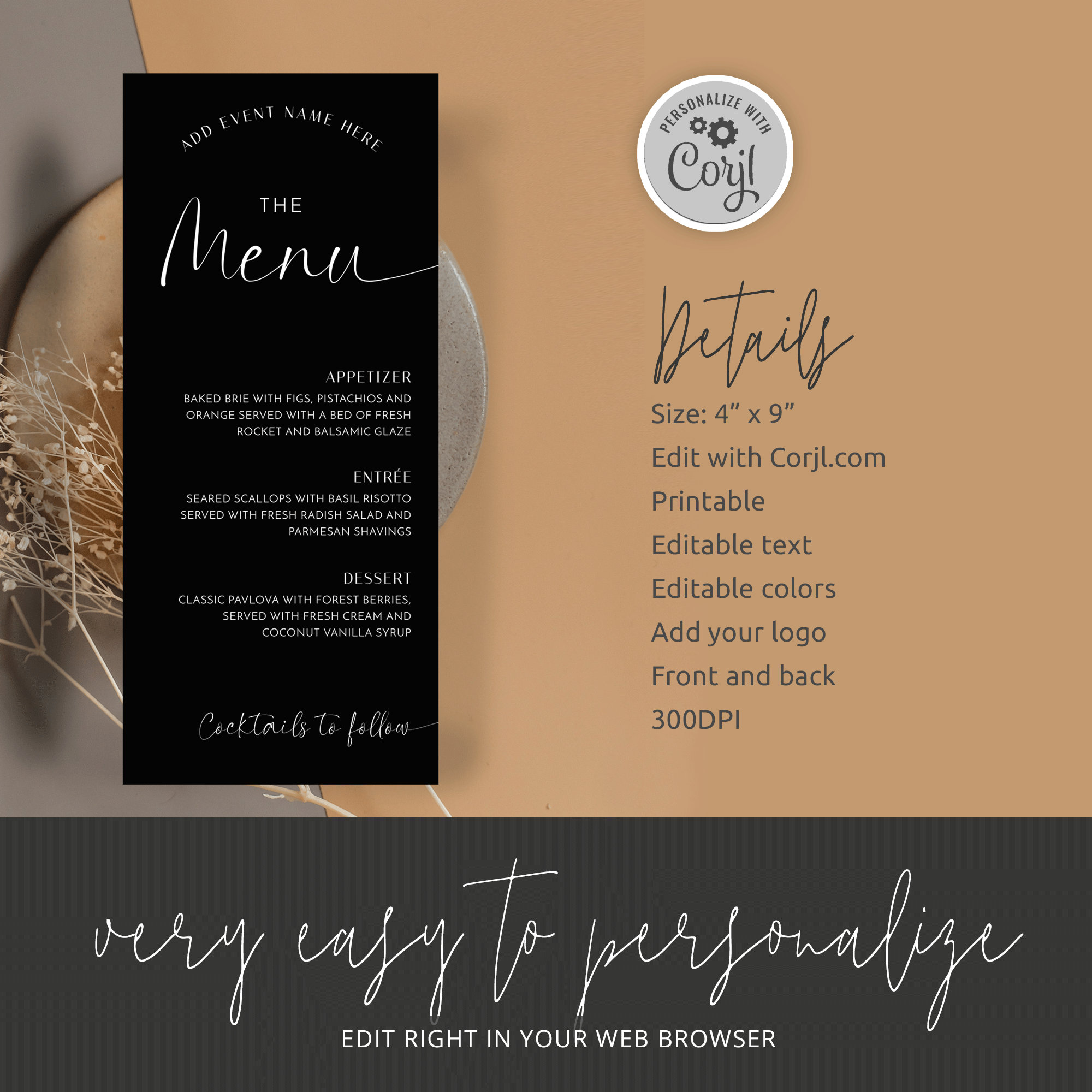 Elegant Dinner Menu Template Editable Charity Fundraiser - Etsy