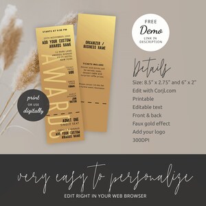 Gold Event Ticket Template, Elegant Awards Ceremony Entry Pass 8.5x2.75 ...