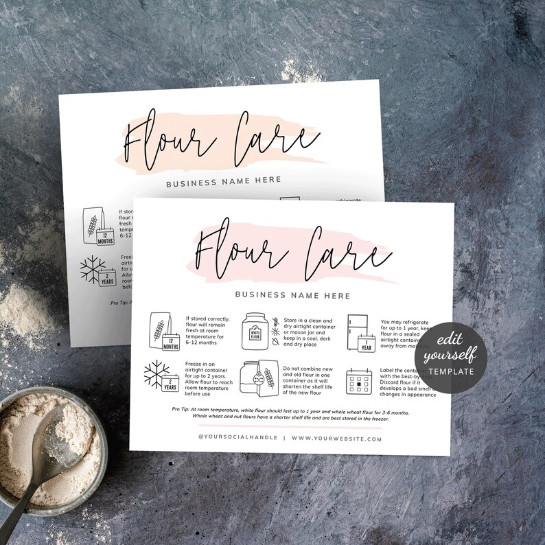 Flour Care Card Template, Custom Bread Flour Storage Instructions, Pink ...