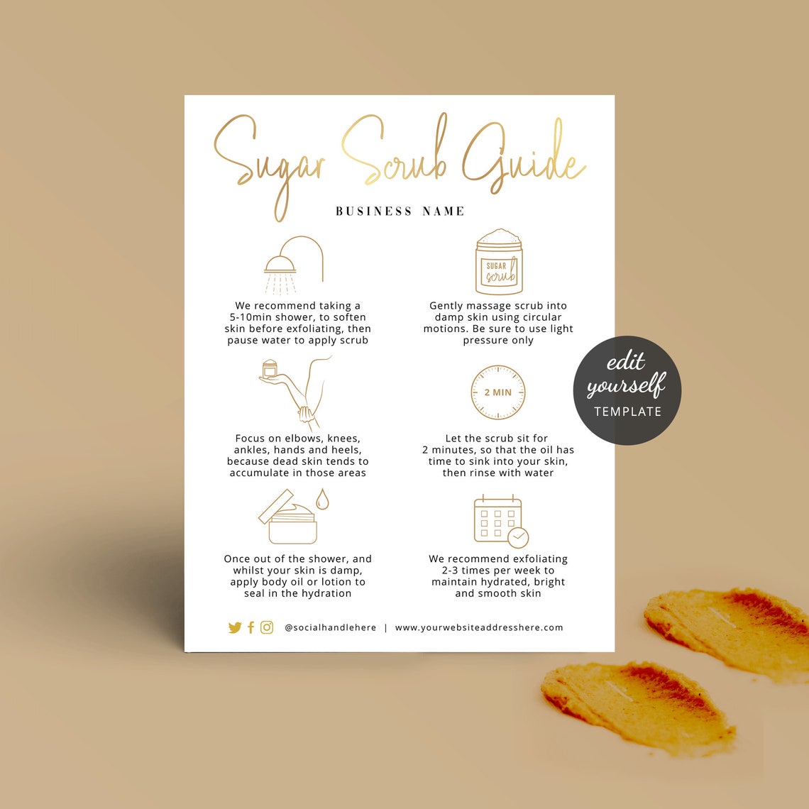 Custom Sugar Scrub Guide Template, Faux Gold Body Exfoliator Care Card ...