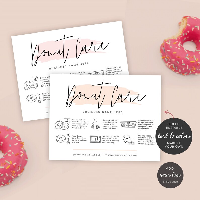 Editable Donuts Care Card, Printable Donut Care Instructions Template ...