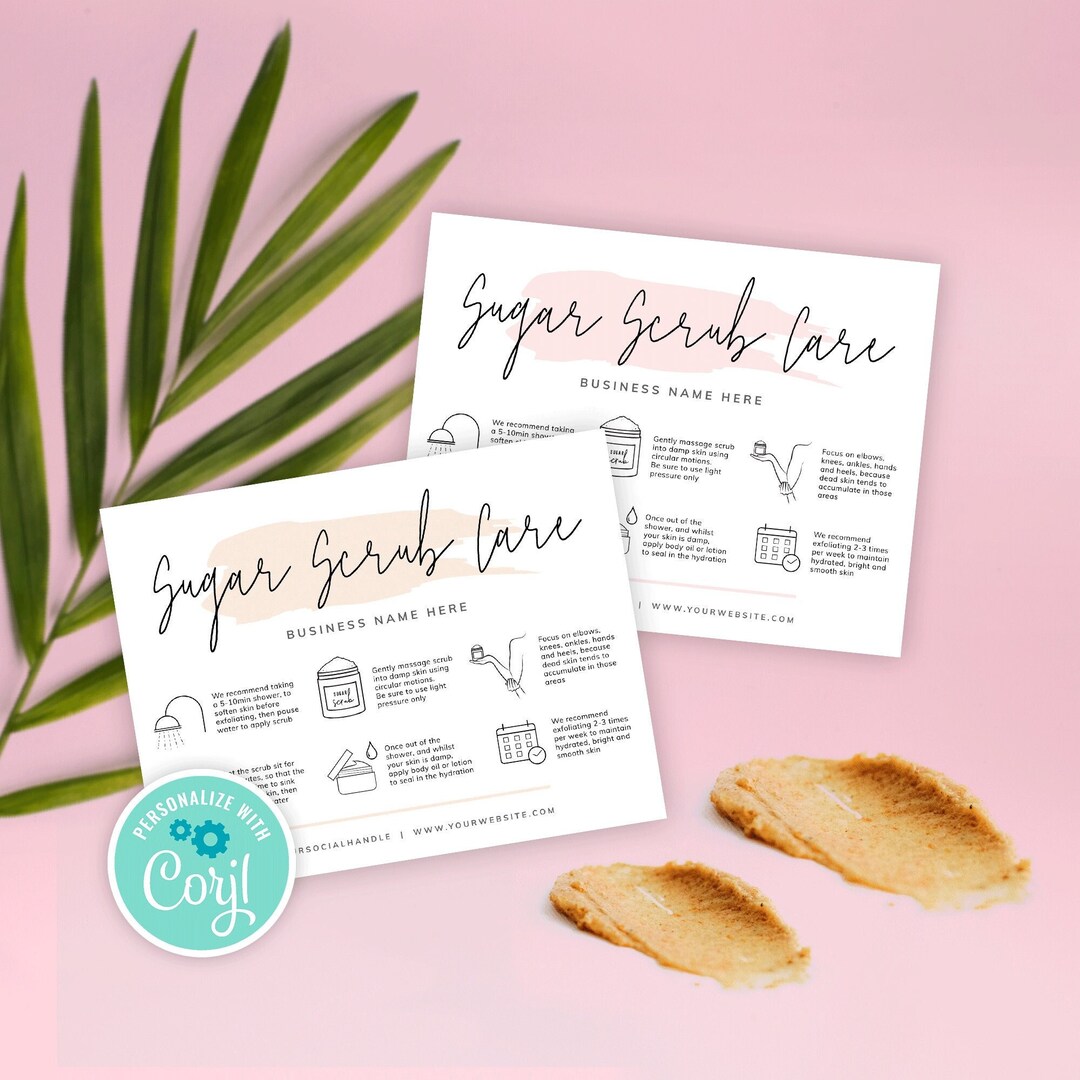 Sugar Scrub Care Card Template, Editable Body Scrub Care Guide ...