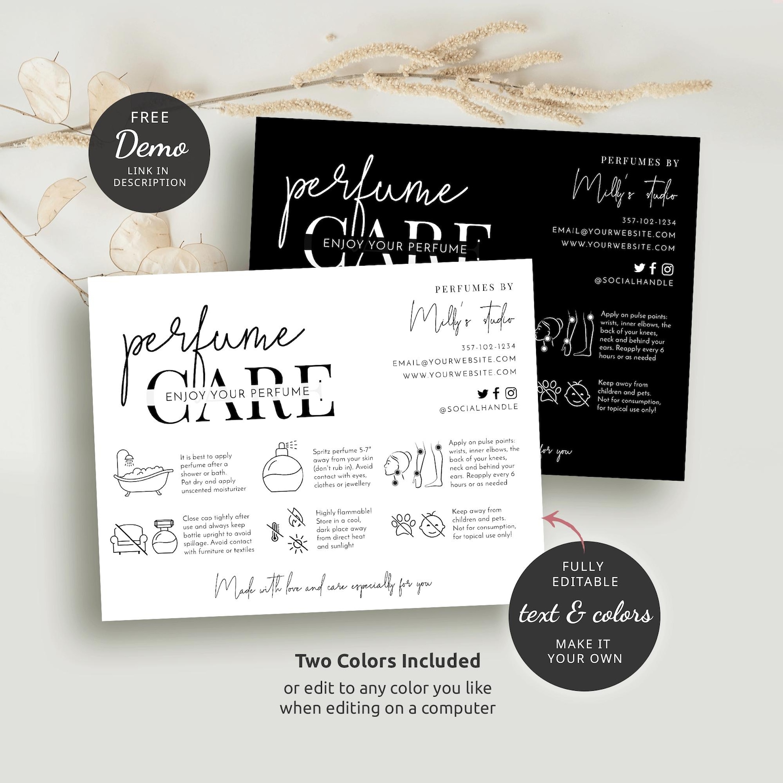 Minimalist Perfume Care Card Template, Customizable Perfume Application ...