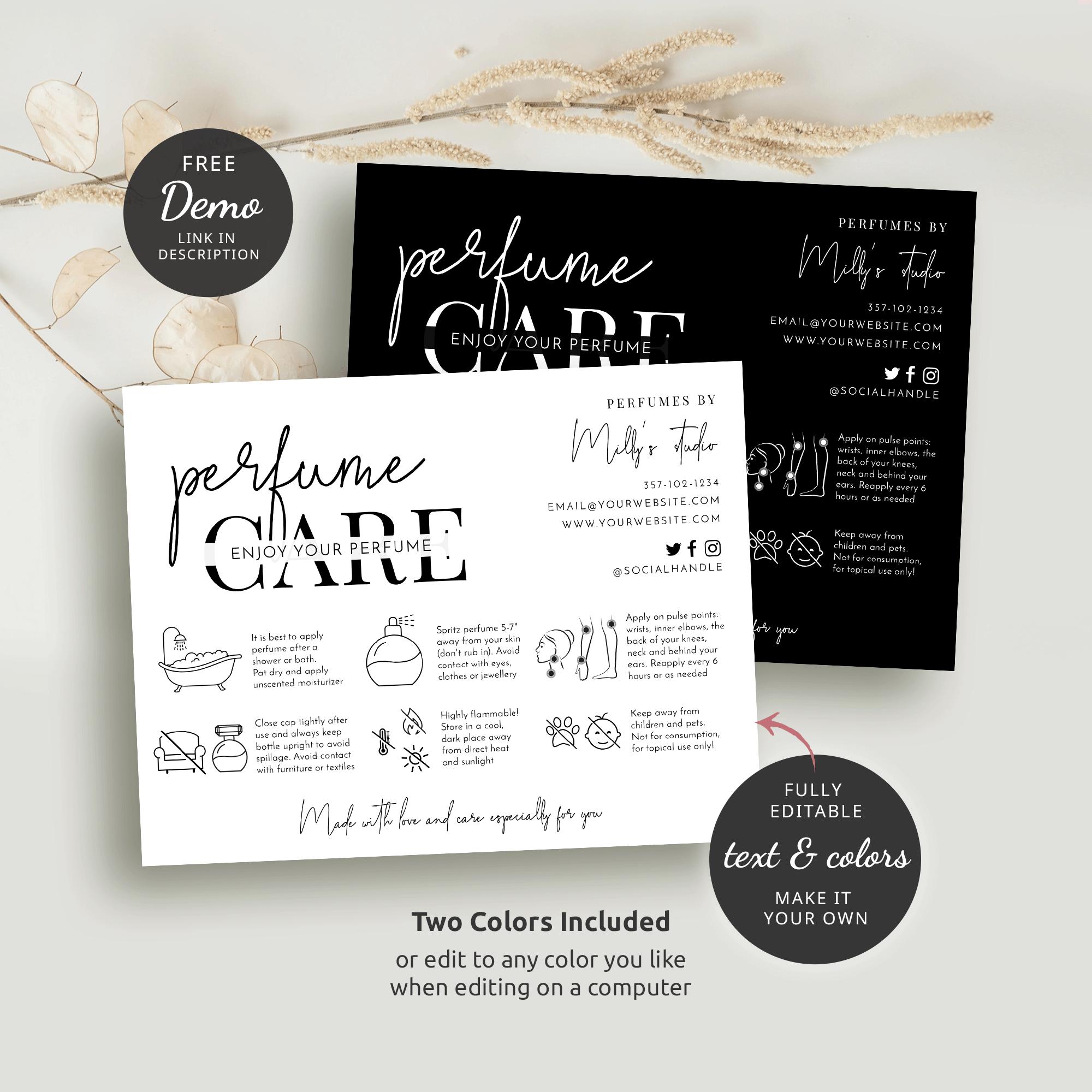 Minimalist Perfume Care Card Template, Customizable Perfume Application ...