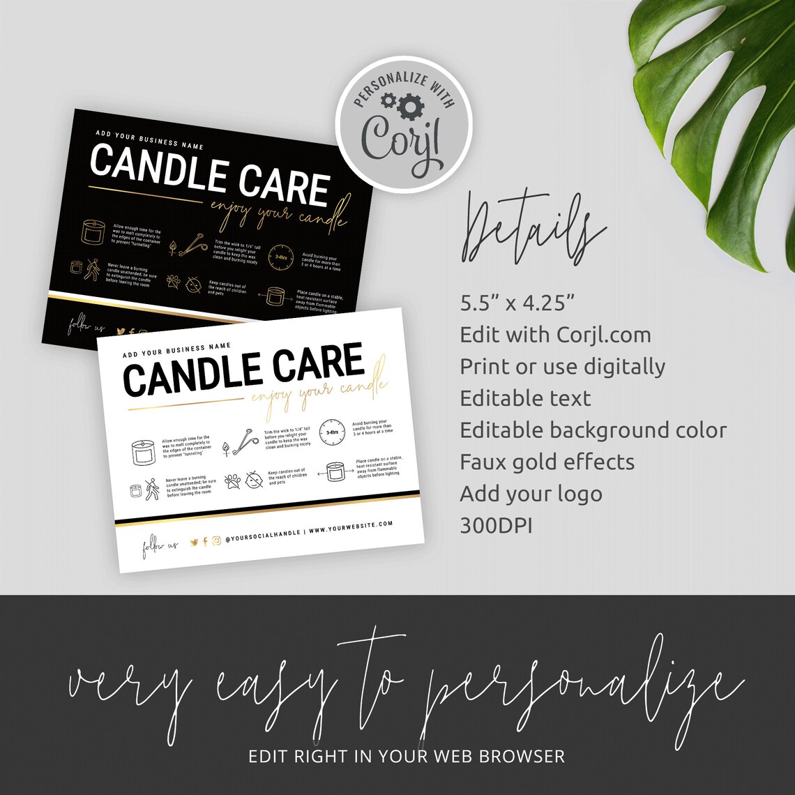 Custom Candle Care Card, Editable Candle Care Instructions, Faux Gold ...