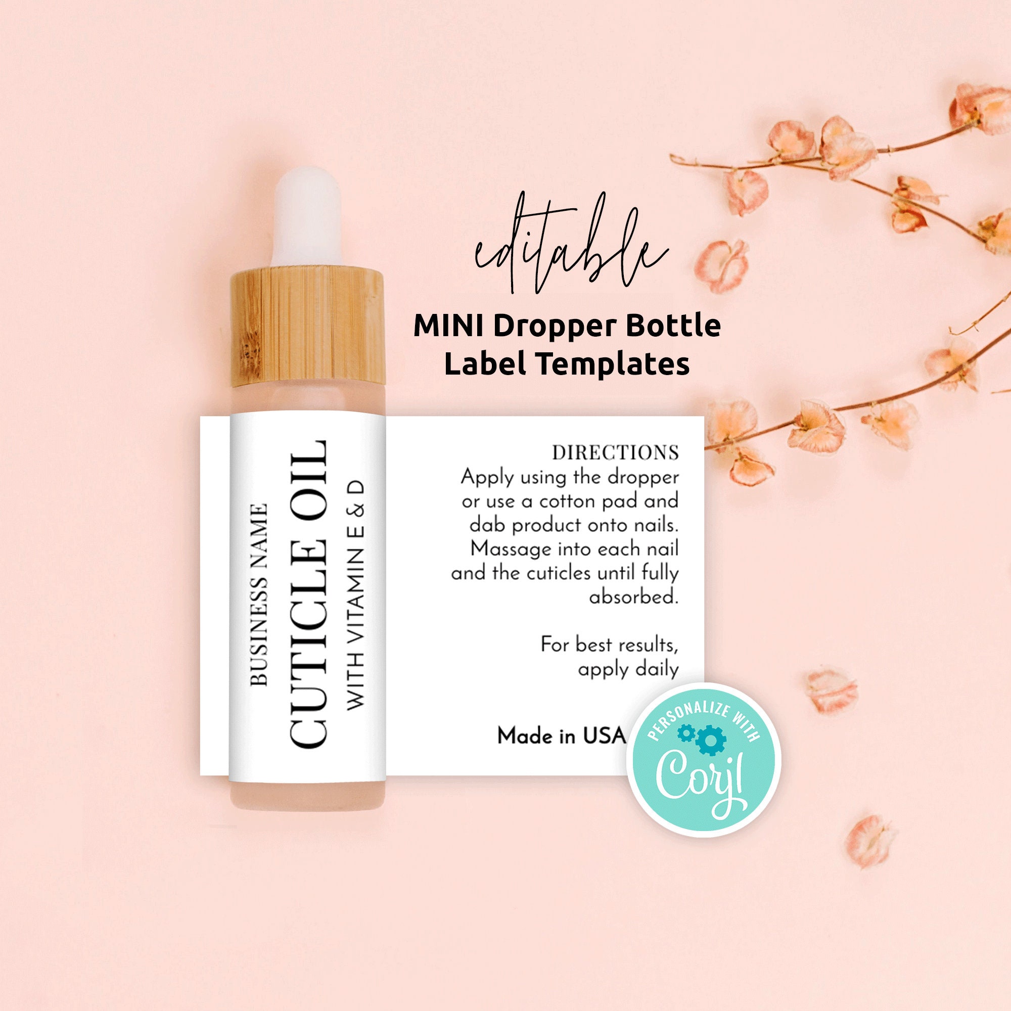 Mini Dropper Bottle Label Template, Editable Cuticle Oil Wraparound ...