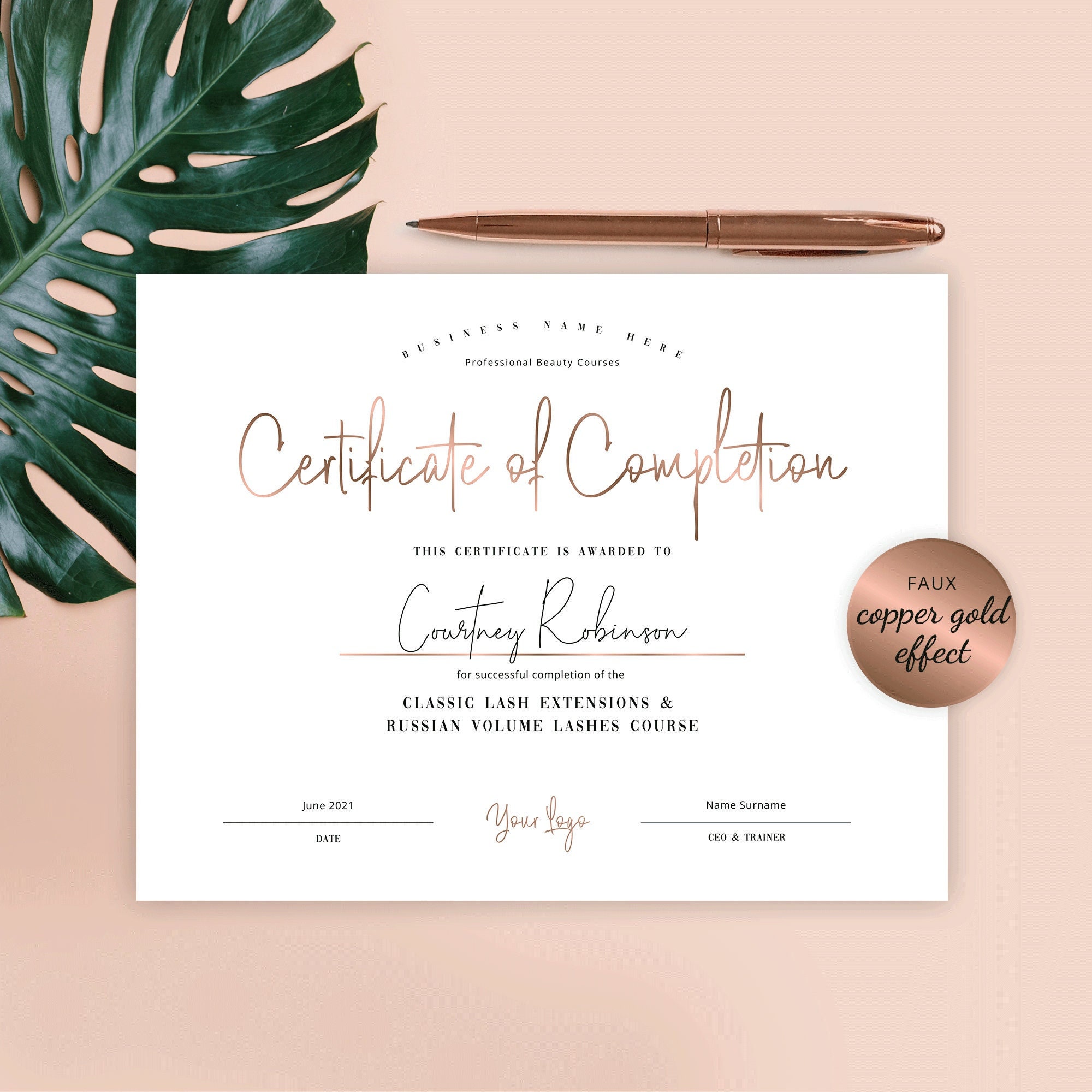 Rose Gold Certificate of Completion Template Custom Beauty | Etsy