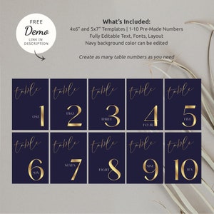 Navy & Gold Table Numbers Template, Editable Business Event Table Sign ...