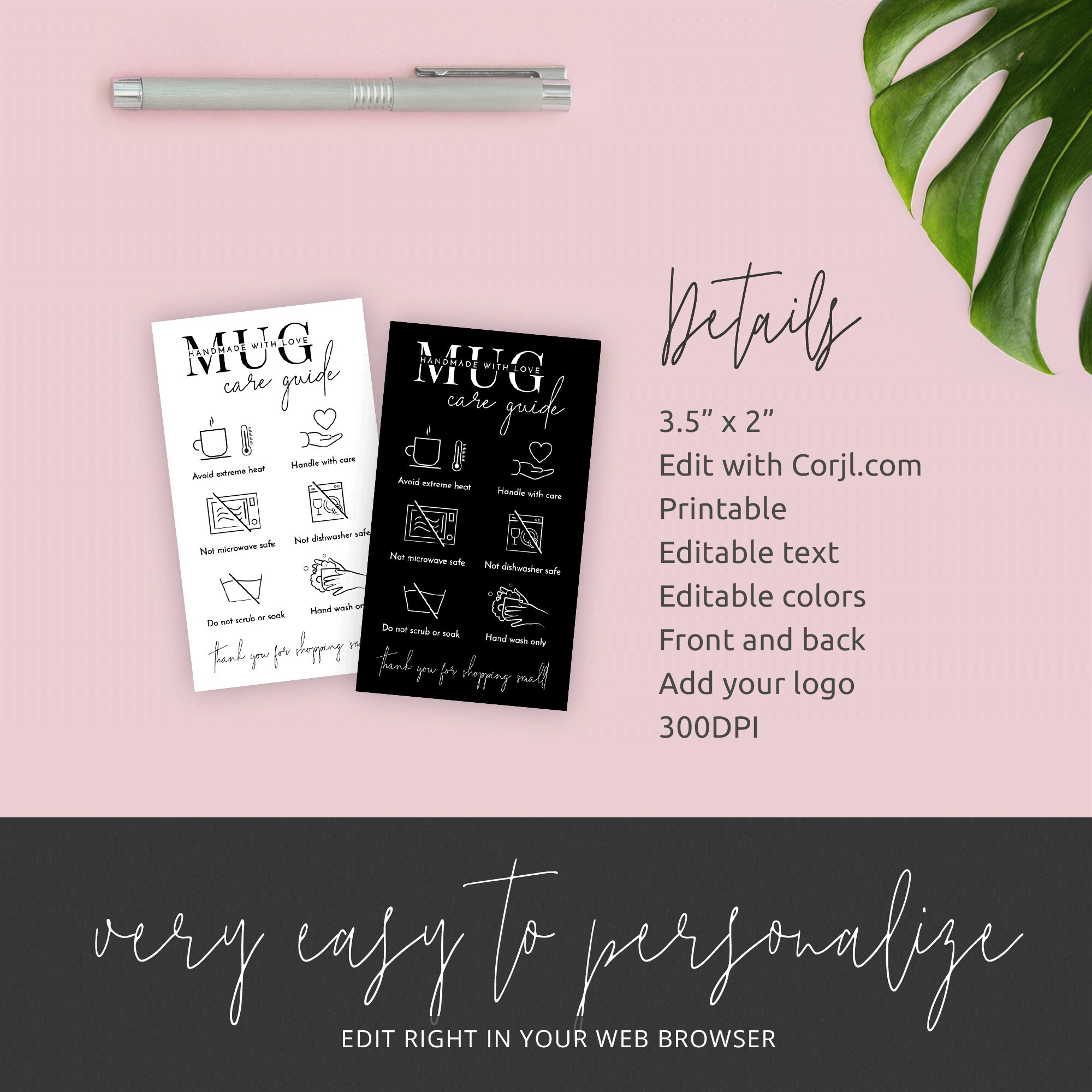 Mug Care Card Template, MINI Coffee Cup Care Guide, Editable Mugs Care ...