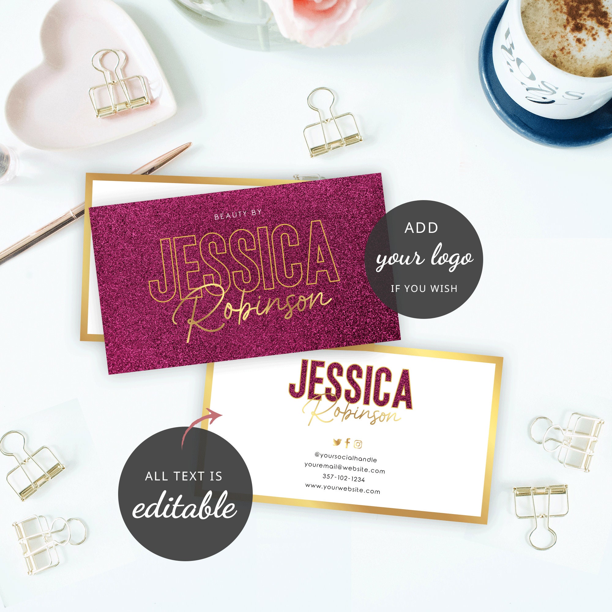 Pink Glitter Business Card Template Editable Lash Salon - Etsy