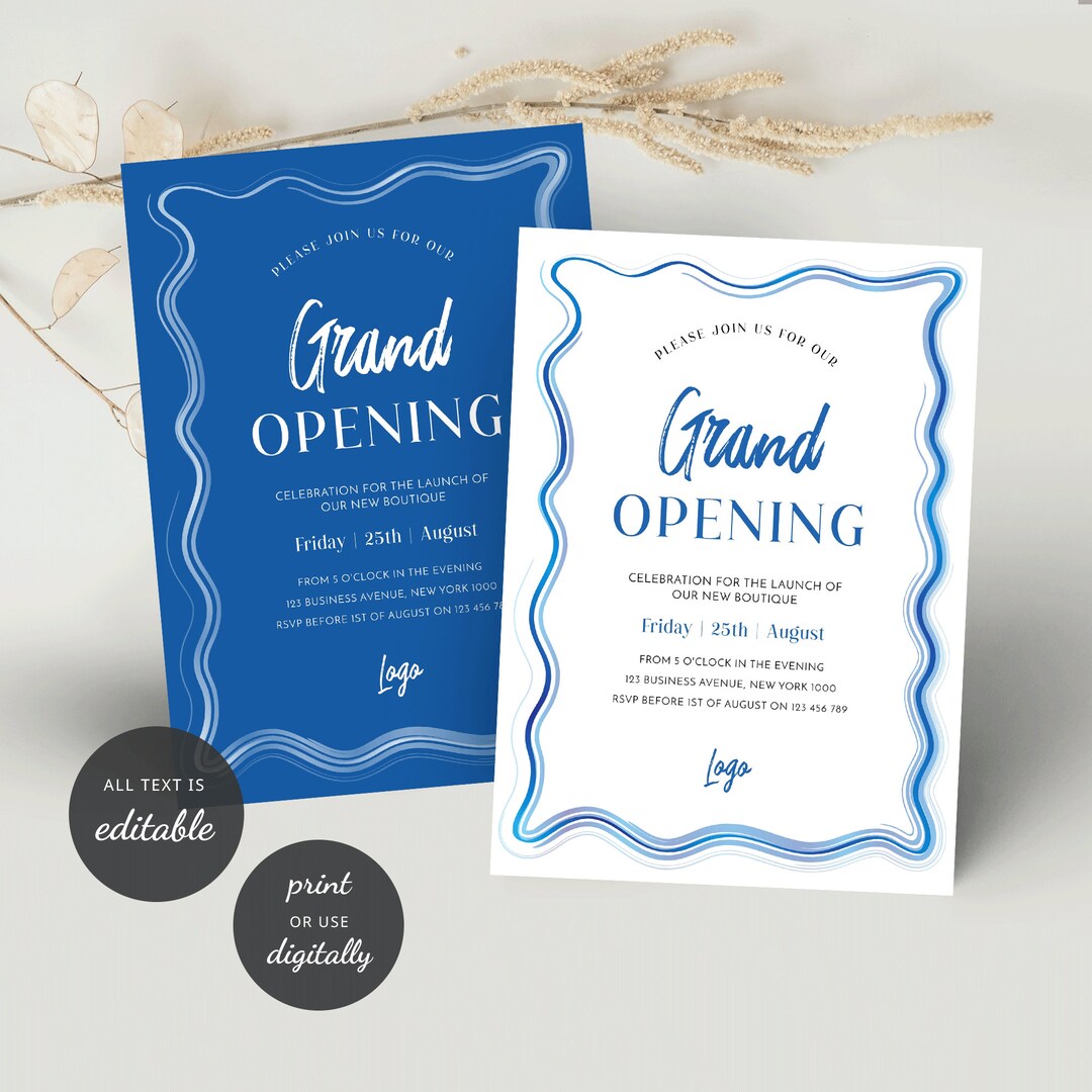 Business Grand Opening Watercolor Invitation Design, Blue & White Hand ...