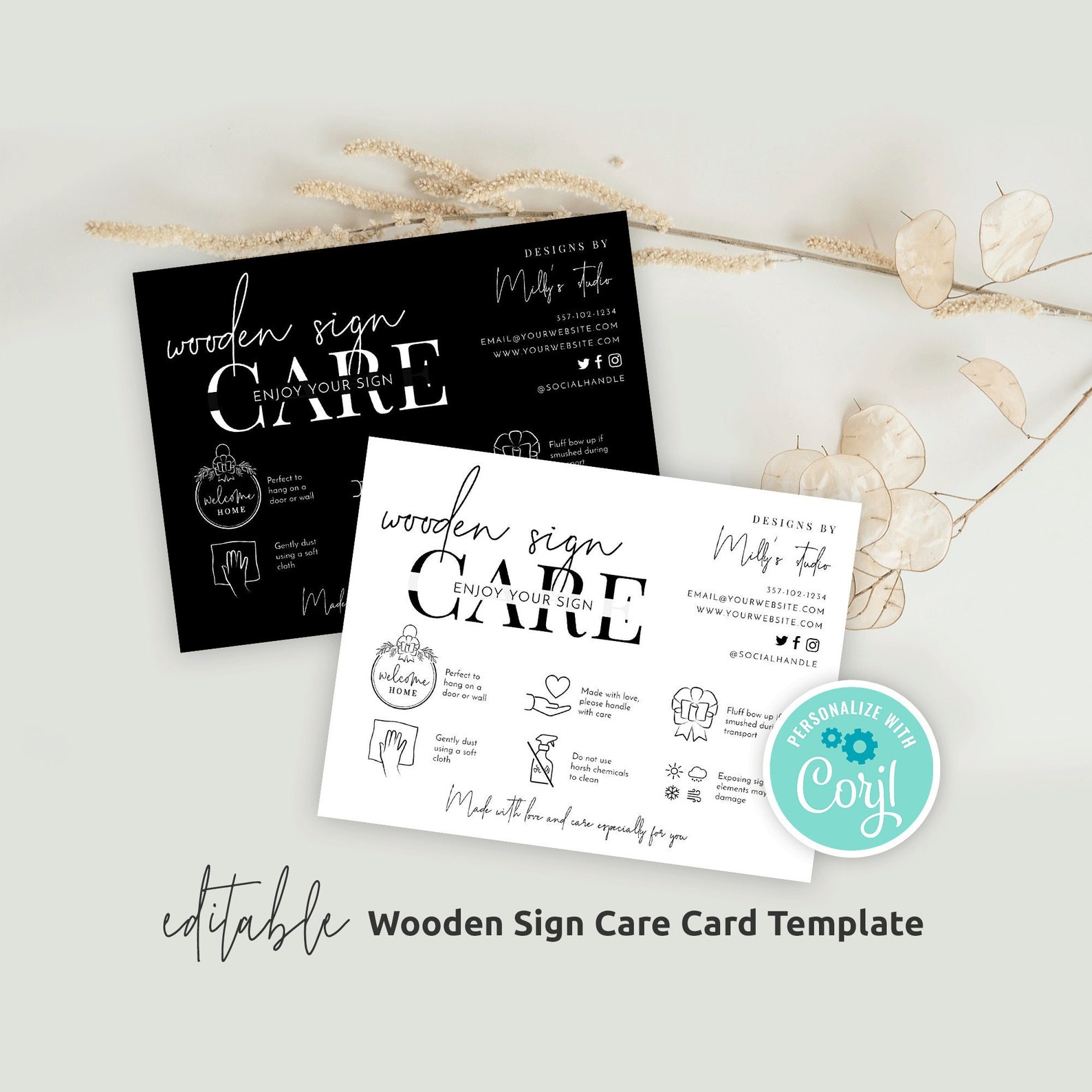 Wooden Sign Care Card Template, Editable Door Hanger Care Guide ...