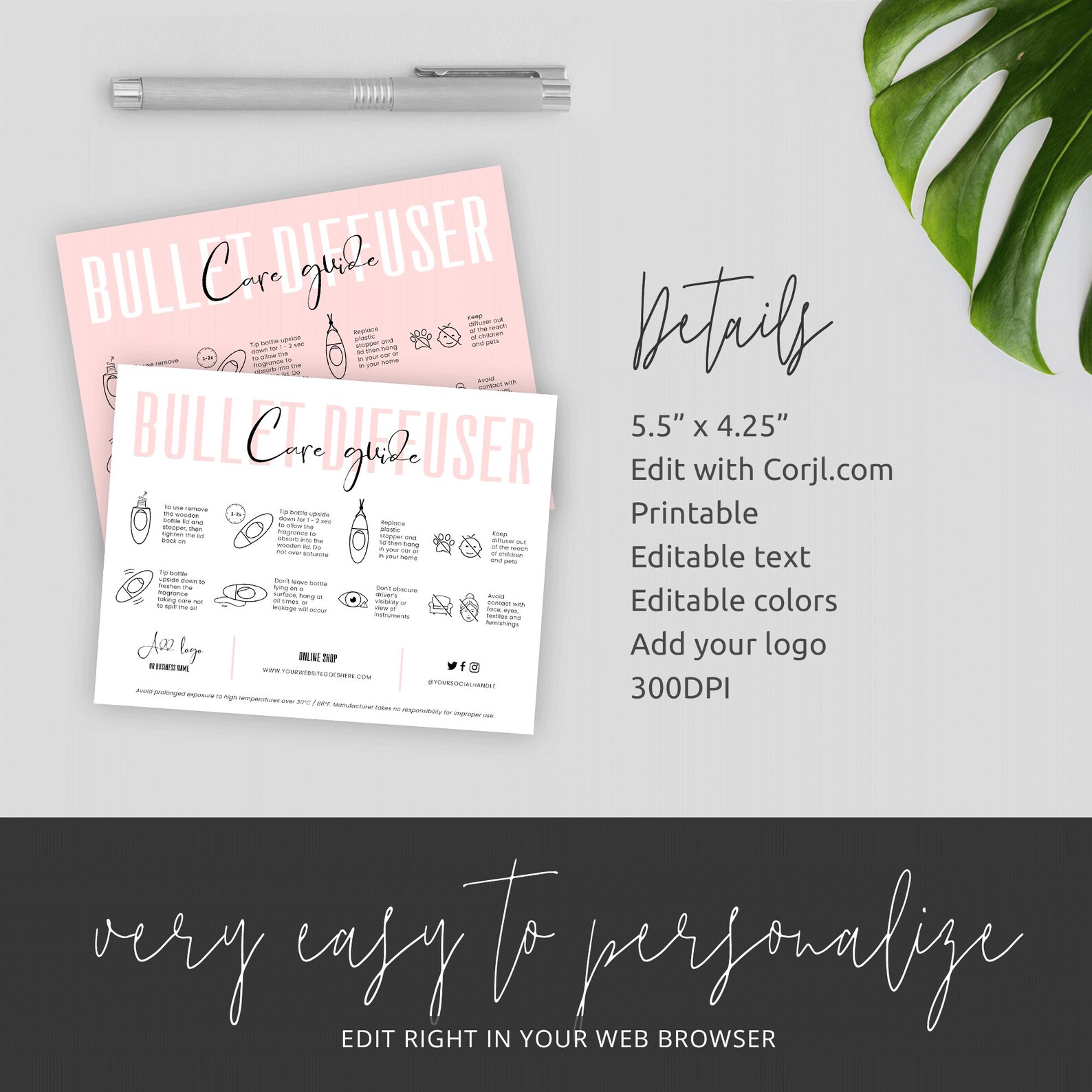Bullet Diffuser Care Card Template, Editable Hanging Diffuser Care ...