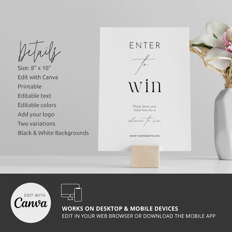Elegant Raffle Sign Canva Template, Minimalist Enter to Win Poster 8" X ...