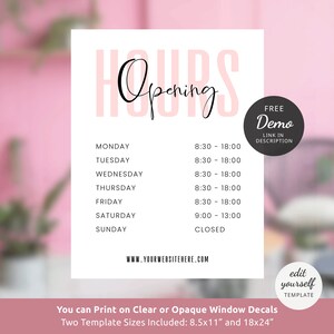 Opening Hours Window Cling Template, DIY Boutique Open Times Sign ...