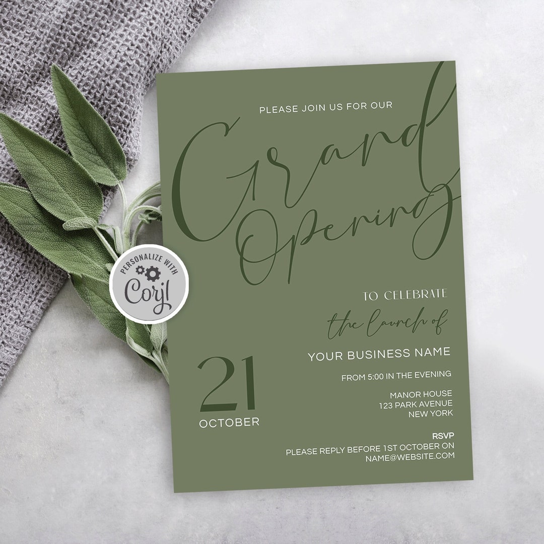 Sage Green Business Opening Invitation Template, DIY Company Launch ...