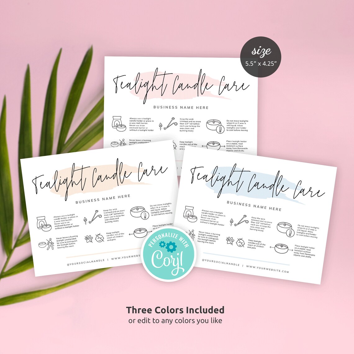 Tealight Candle Care Card, Printable Tea Lights Warning Template, Pink ...