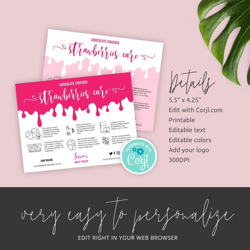 Dipped Strawberries Care Card Template Editable Chocolate - Etsy