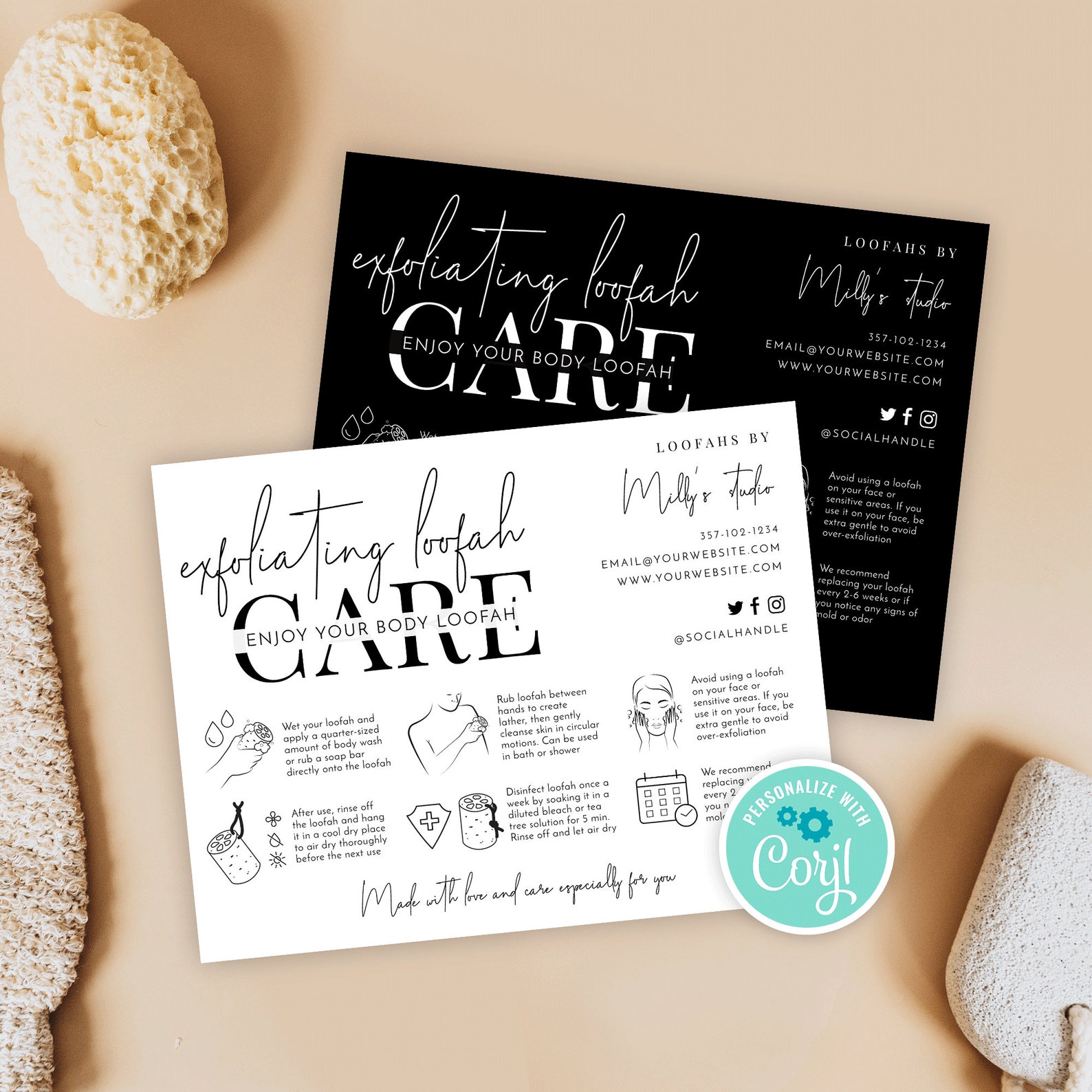 Minimalist Loofah Care Card Template, Printable Luffa Care Guide ...