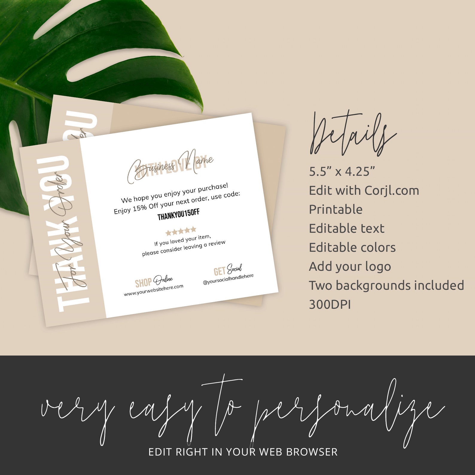 Minimalist Thank You Card Template Editable Business Thank - Etsy