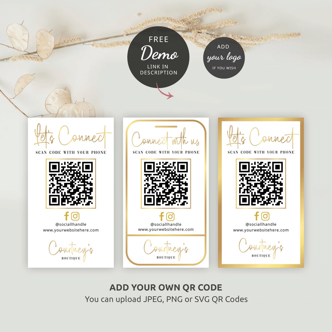 DIY QR Code Business Cards Template, Faux Gold Social Media Cards ...